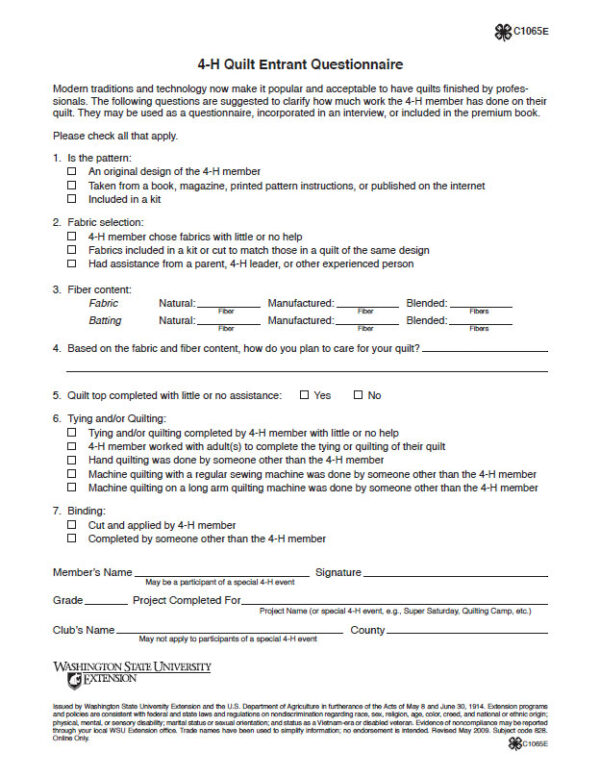 4-H Quilt Entrant Questionnaire | WSU Extension Publications ...