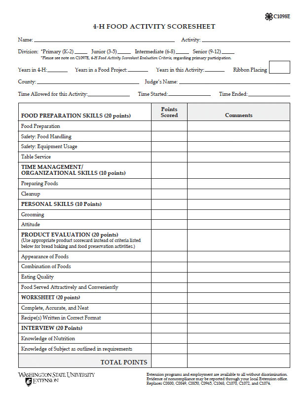 4-H Food Activity Scoresheet | WSU Extension Publications | Washington ...