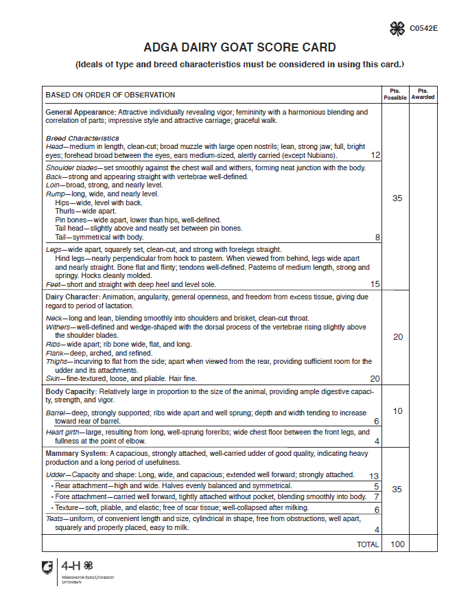 ADGA Dairy Goat Score Card | WSU Extension Publications | Washington ...