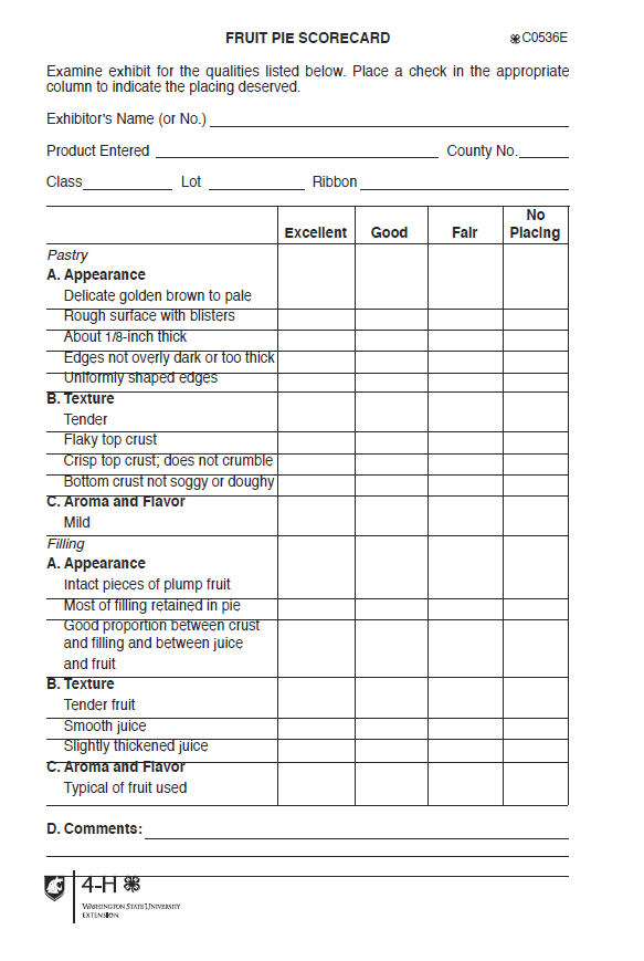 Fruit Pie, Cream Pie, Cheesecake Scorecard | WSU Extension Publications ...