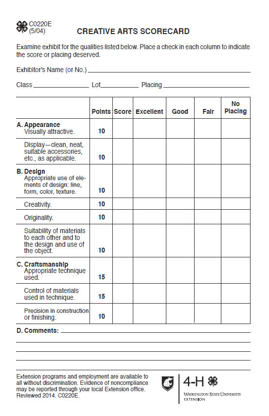 Creative Arts Score Card | WSU Extension Publications | Washington ...