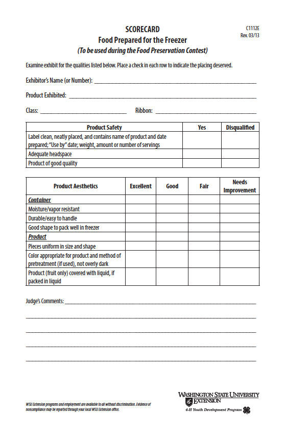 Food Prepared for the Freezer Scorecard | WSU Extension Publications ...