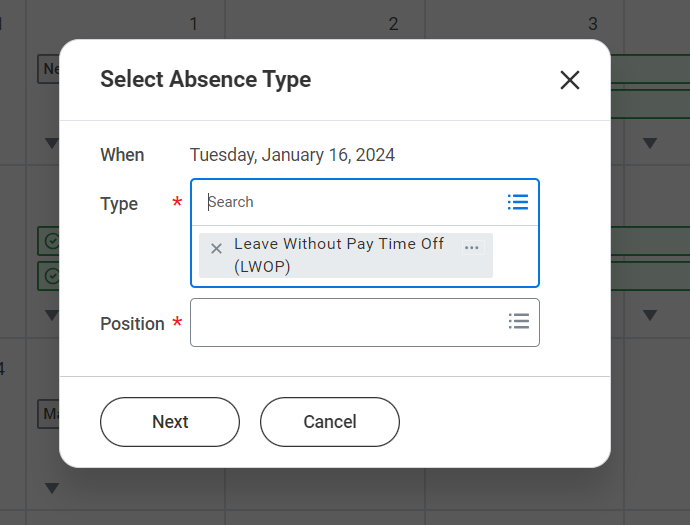 Selecting position during Leave Without Pay (LWOP) request process ...