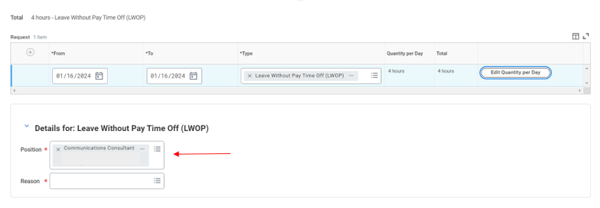Selecting position during Leave Without Pay (LWOP) request process ...
