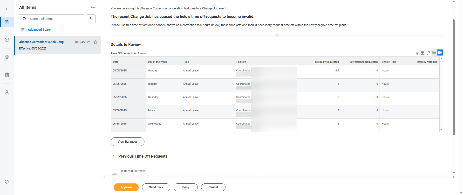 New My Tasks item cancels invalid time offs after job change ...