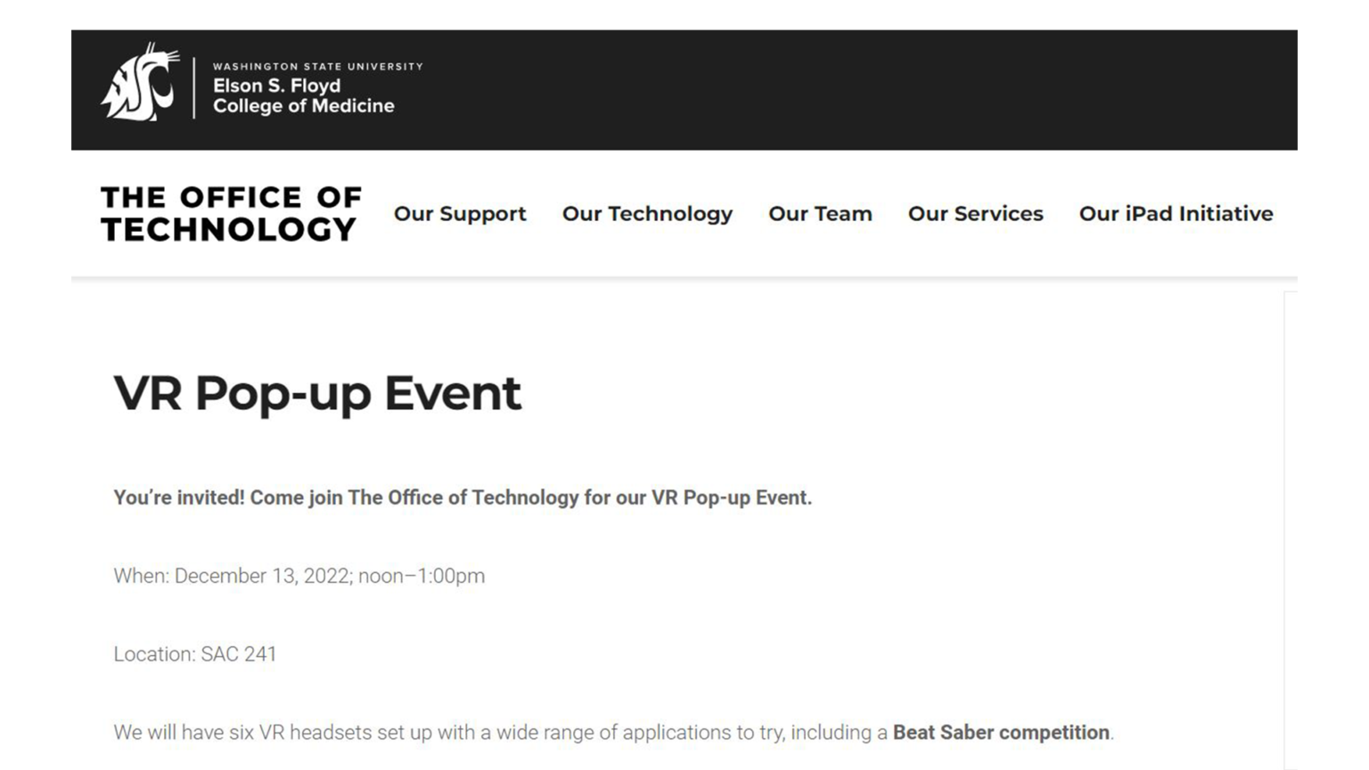 Student virtual reality pop-up event | Elson S. Floyd College of ...